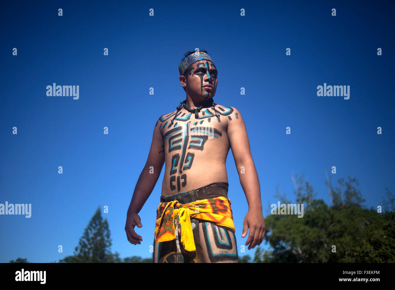 A Mayan Ball Player poses at the first ¨Pok Ta Pok¨ ritual Mayan ball ...