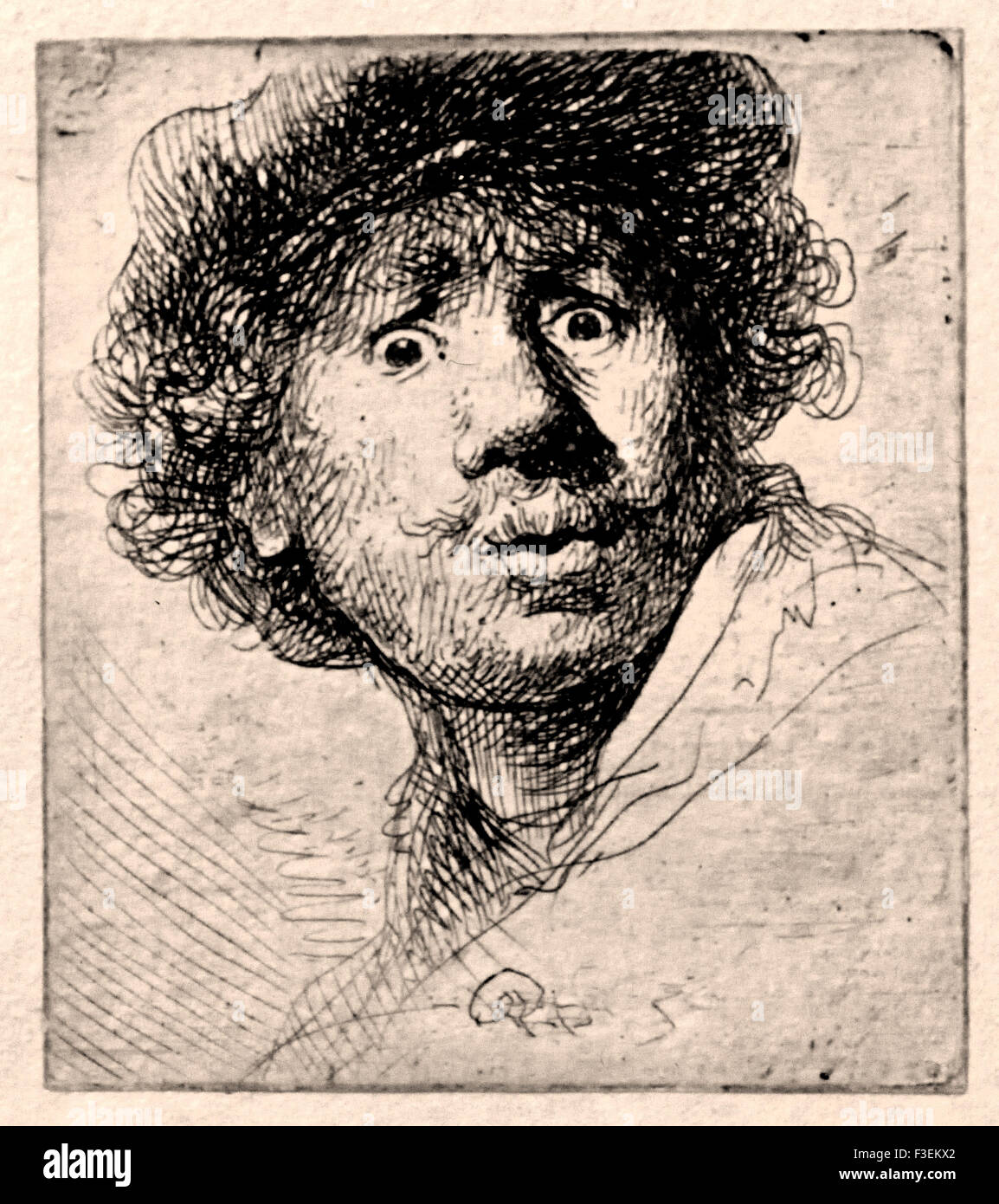 Self portrait open mouthed 1630 etch etching Rembrandt Harmenszoon van ...
