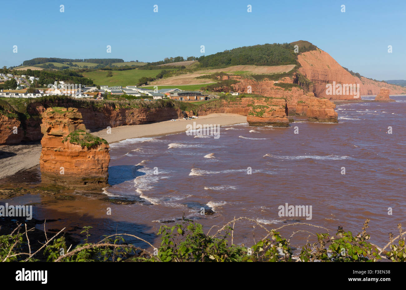 Ladram Bay red sandstone stacks Devon England UK located between ...