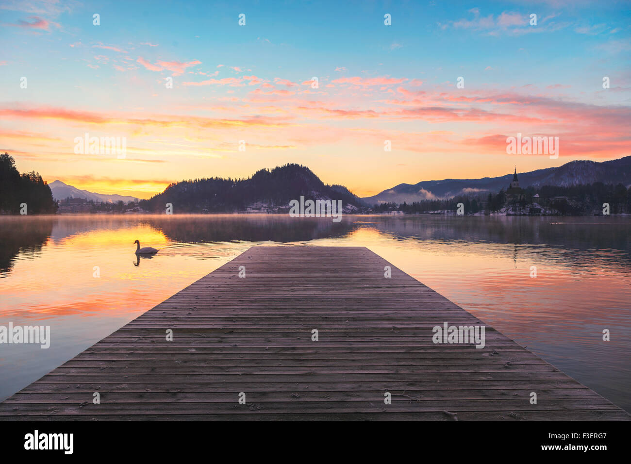 Amazing sunrise at the lake Bled in winter, Slovenia, Europe Stock ...