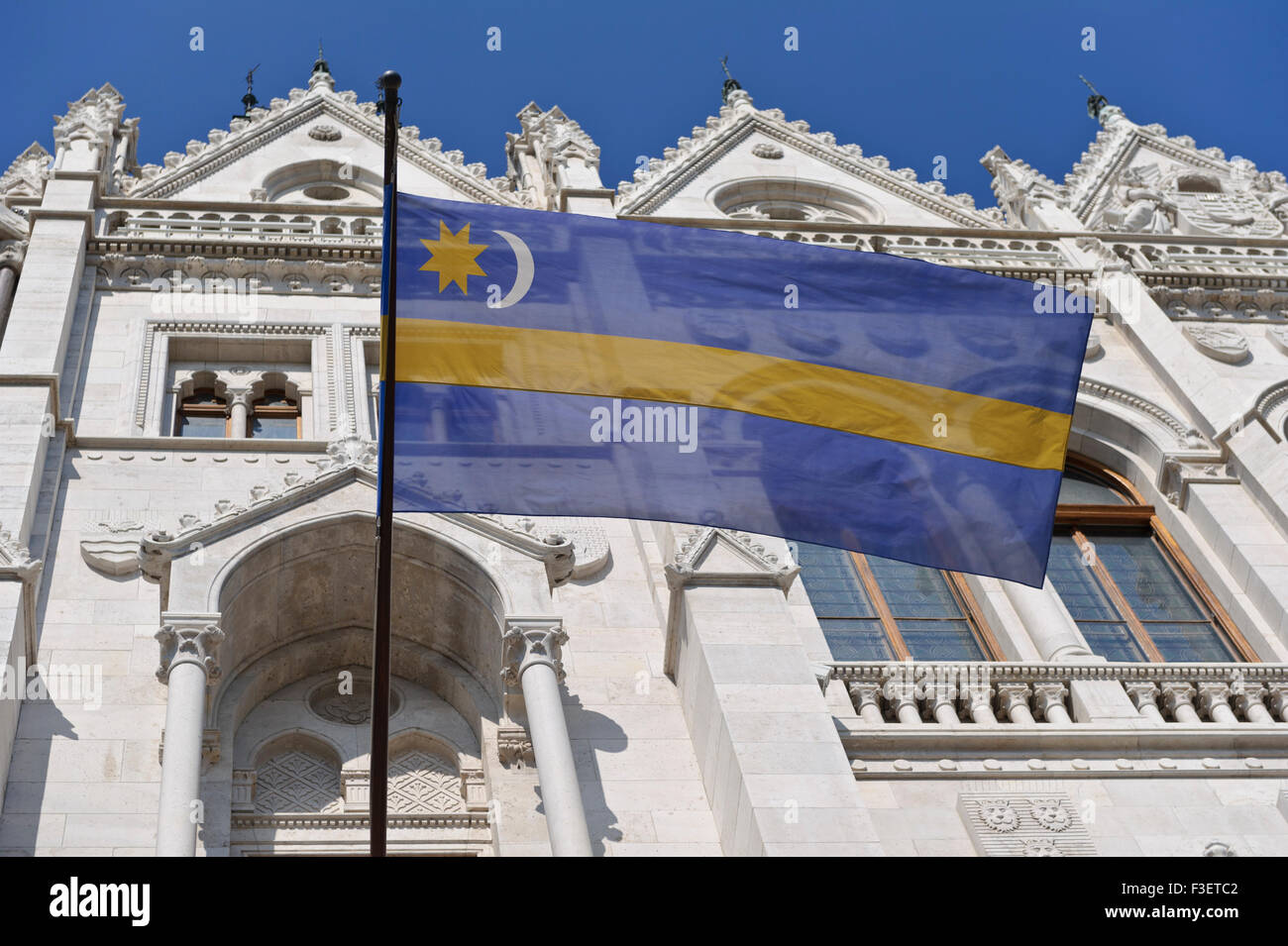 A flag flying outside the Hungarian Parliament building in Budapest ...