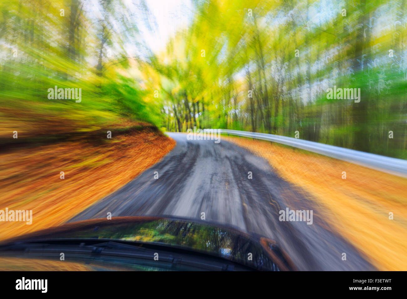 Car driving fast into autumn forest Stock Photo - Alamy