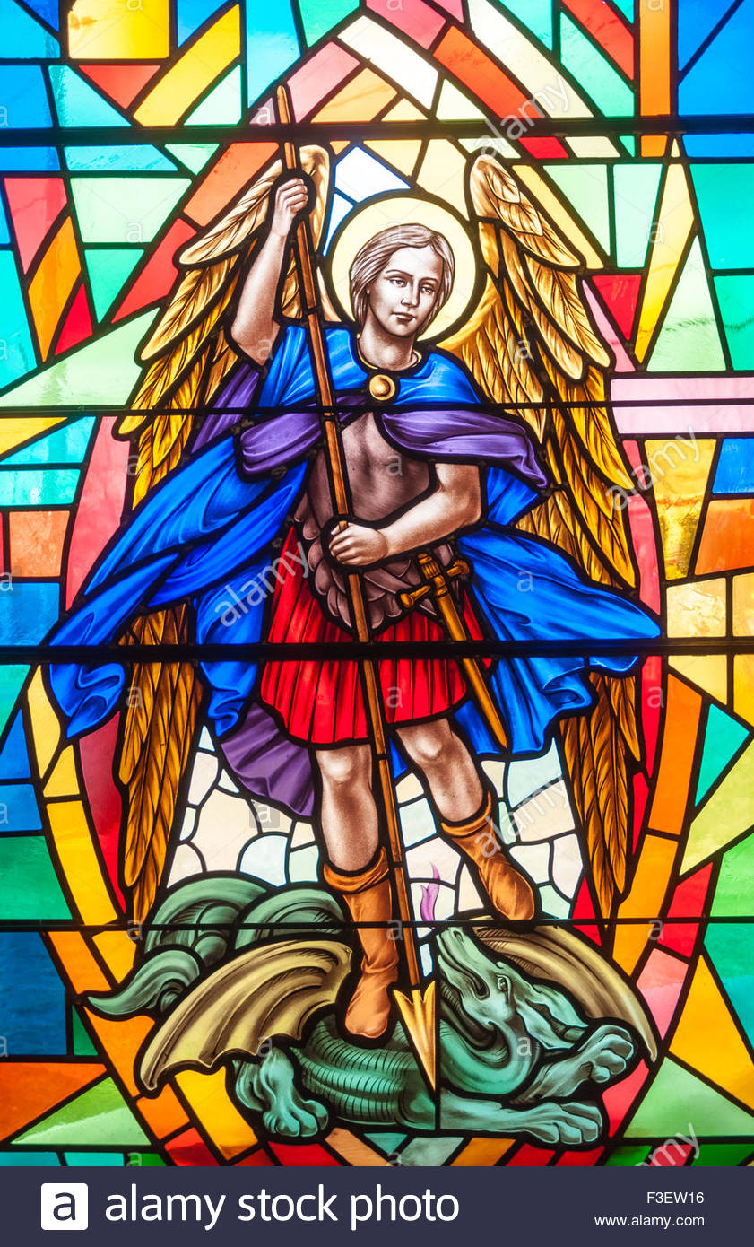 Catholic image in stained glass. The Archangel Gabriel is depicted ...