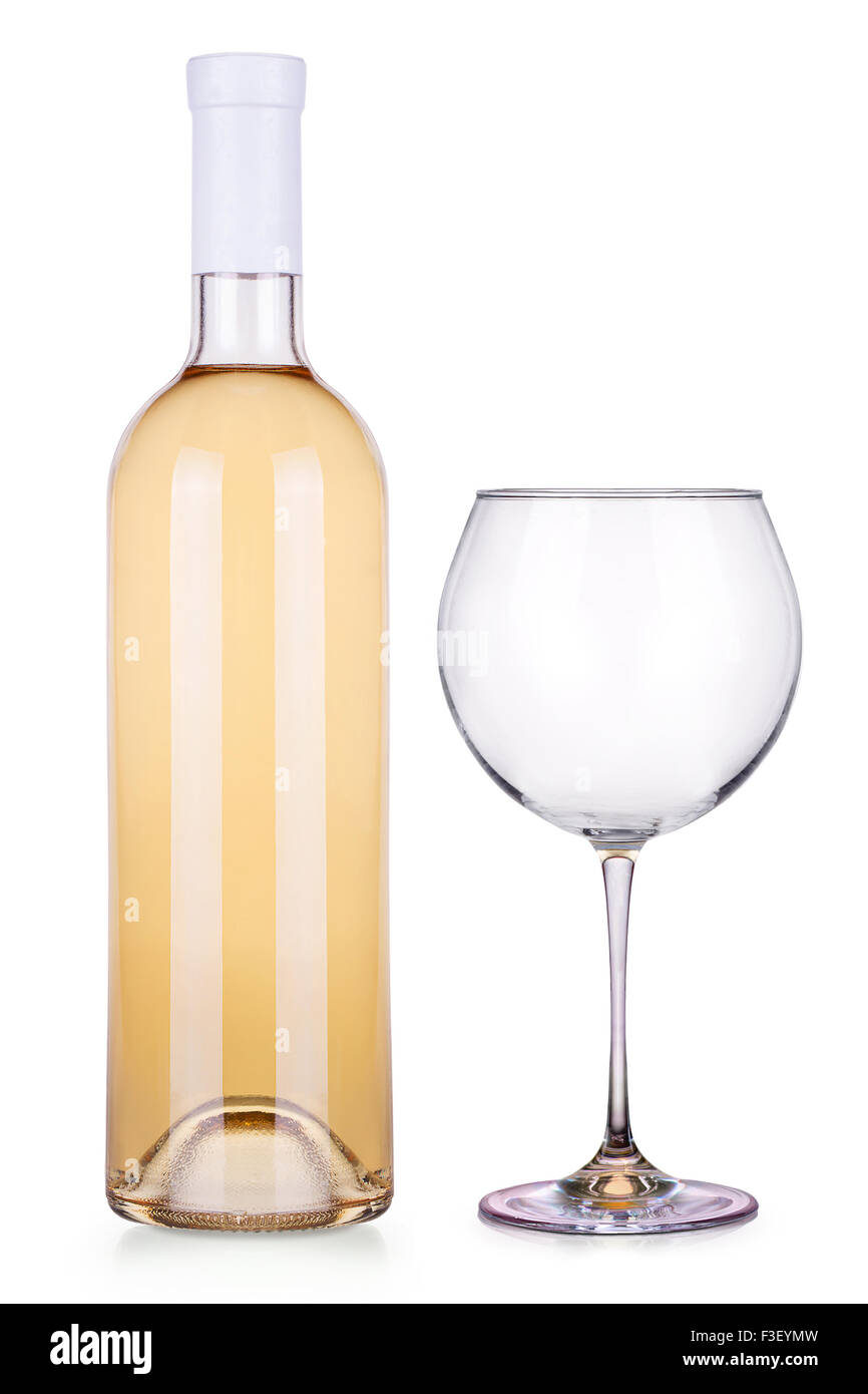 Elegant white wine glass and bottle isolated background Stock Photo - Alamy