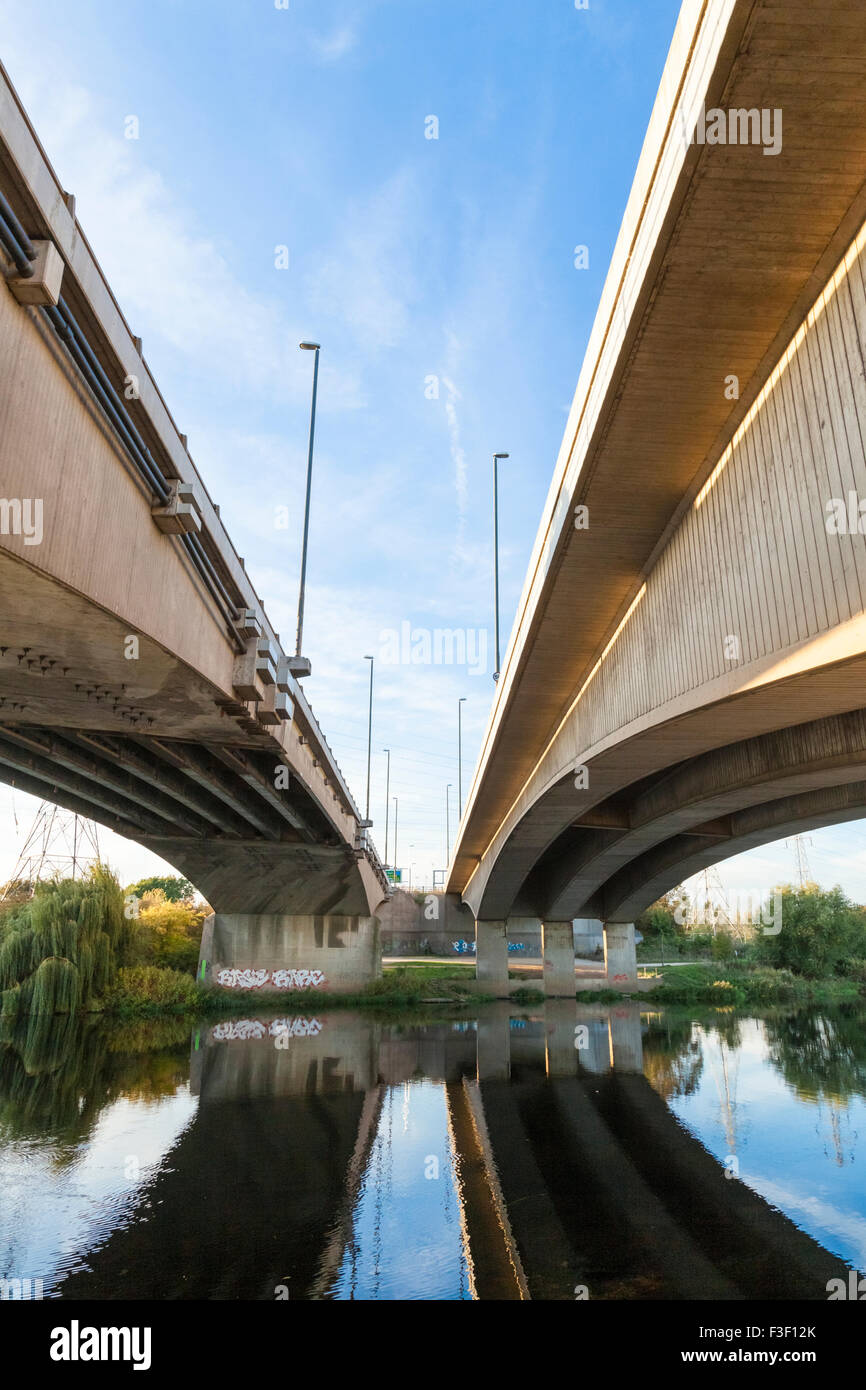 Two roads and two bridges seen from below crossing the River Trent ...
