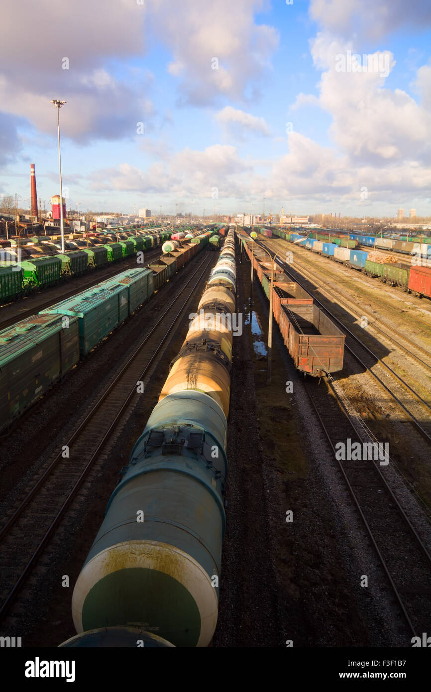 Freight train with color cargo containers in depot Stock Photo - Alamy