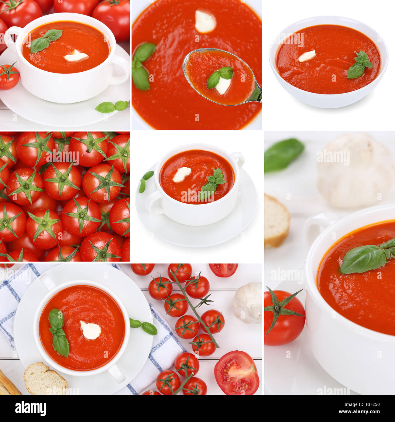 Collection of tomato soup soups with tomatoes meal collage Stock Photo ...