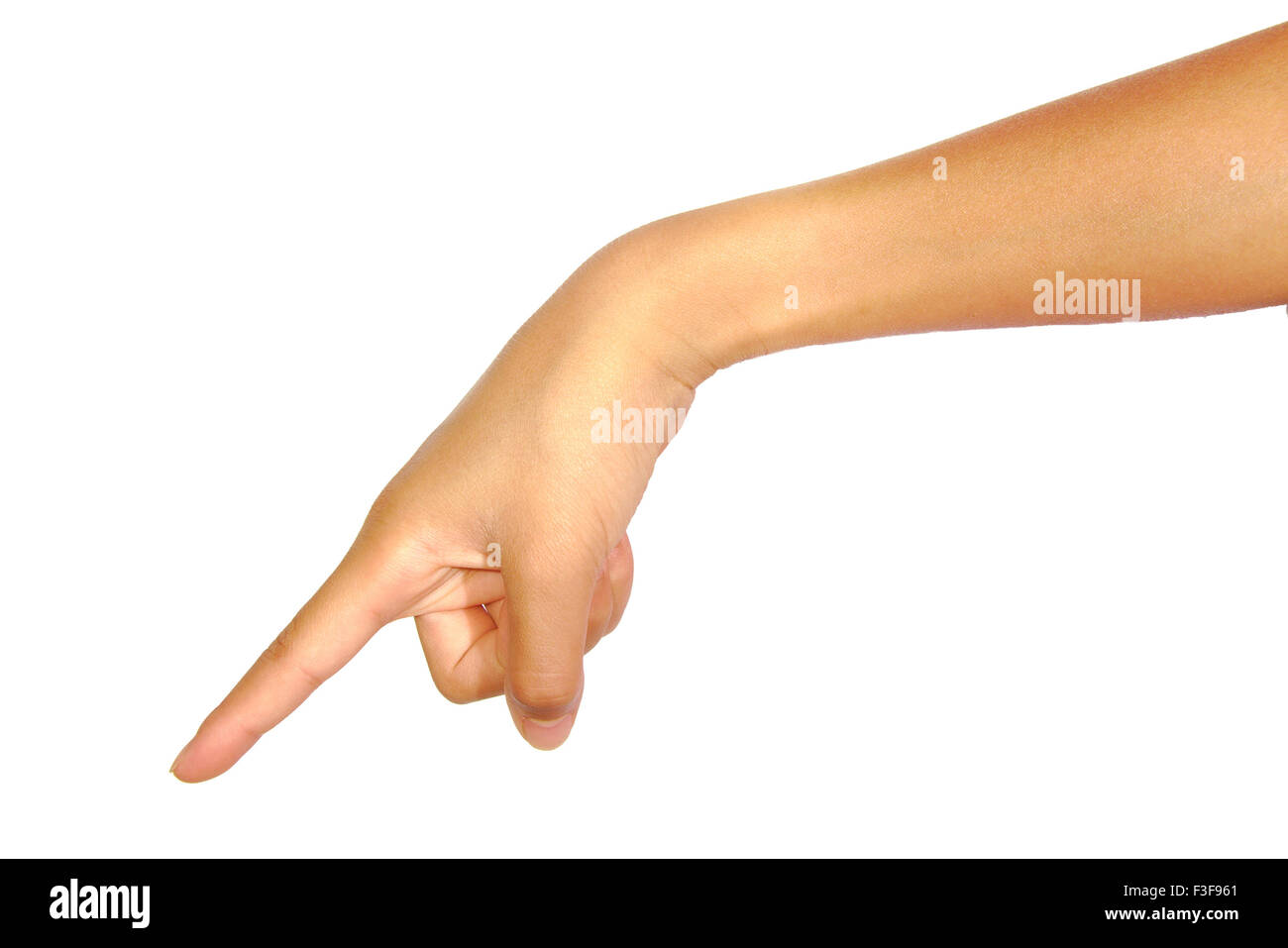 Closeup of female hand pointing down isolated on white background Stock ...