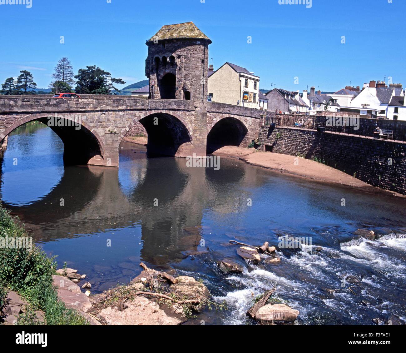 Fortified 13th century bridge over River Monnow, Monmouth, Gwent, Wales ...