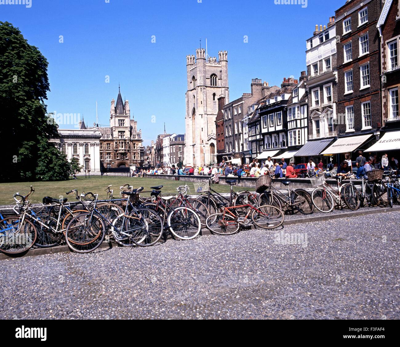 Bicycles outside Kings College with the church of St Mary the Great and ...