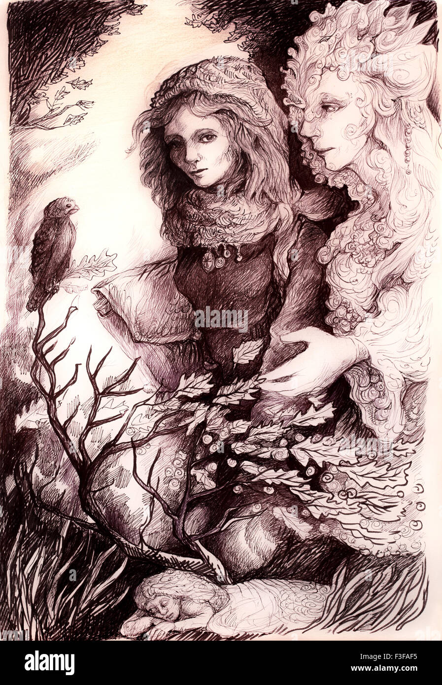A beautiful detailed monochromatic drawing of fantasy scenery of a ...