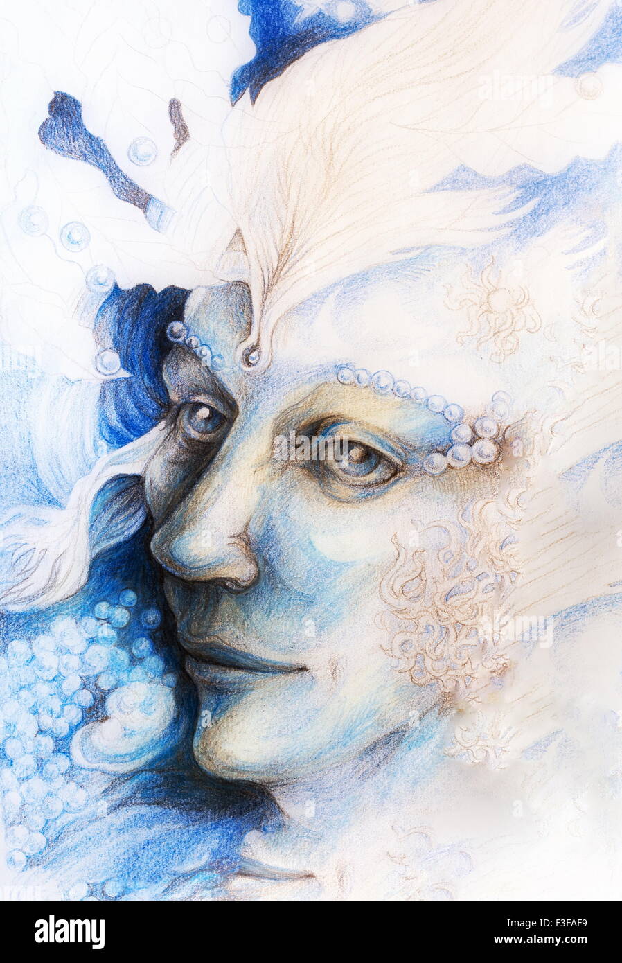 A fantasy detailed drawing of elven man creature, blue fairy man face ...