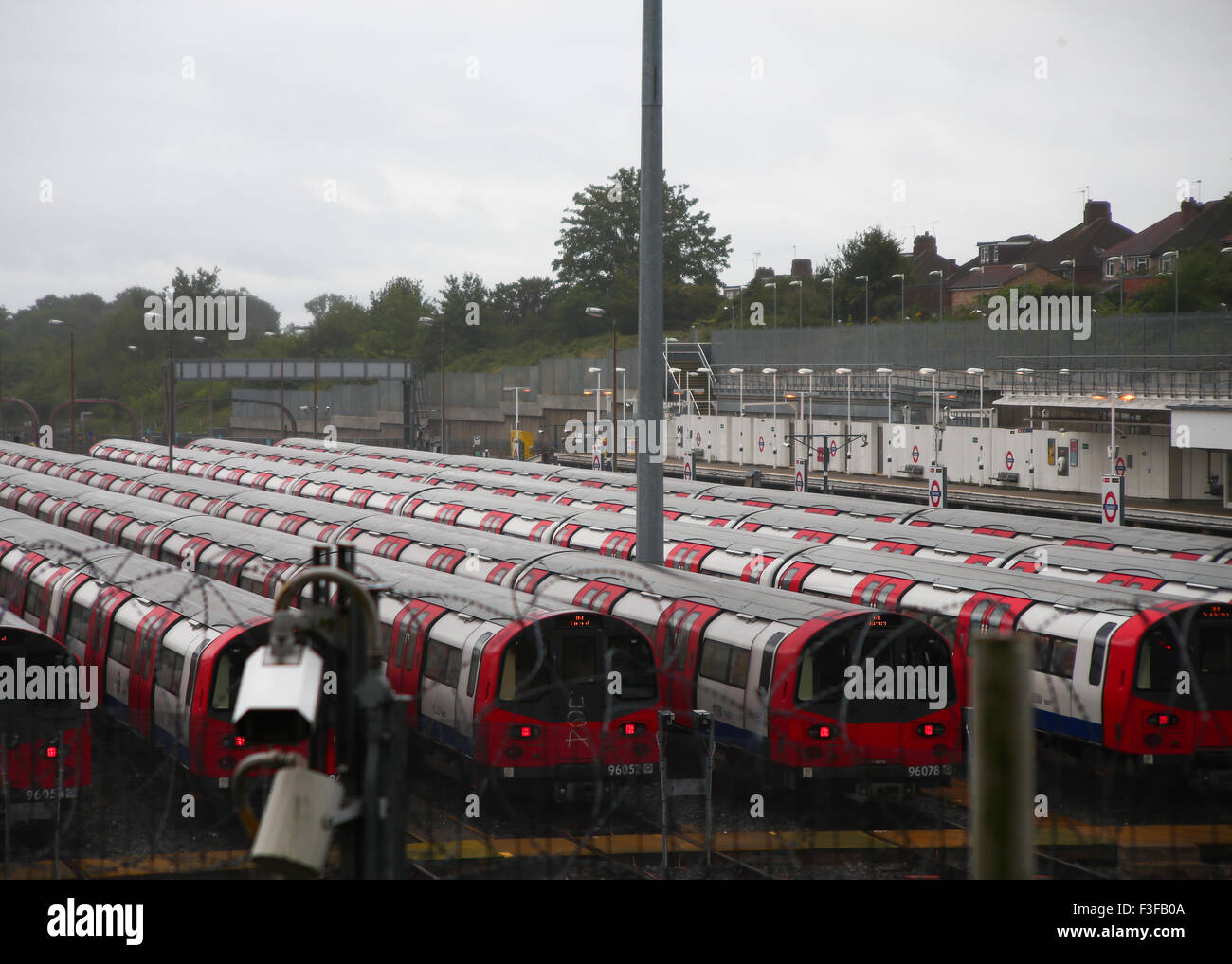London Underground trains stand idle in the sidings at Stanmore station ...