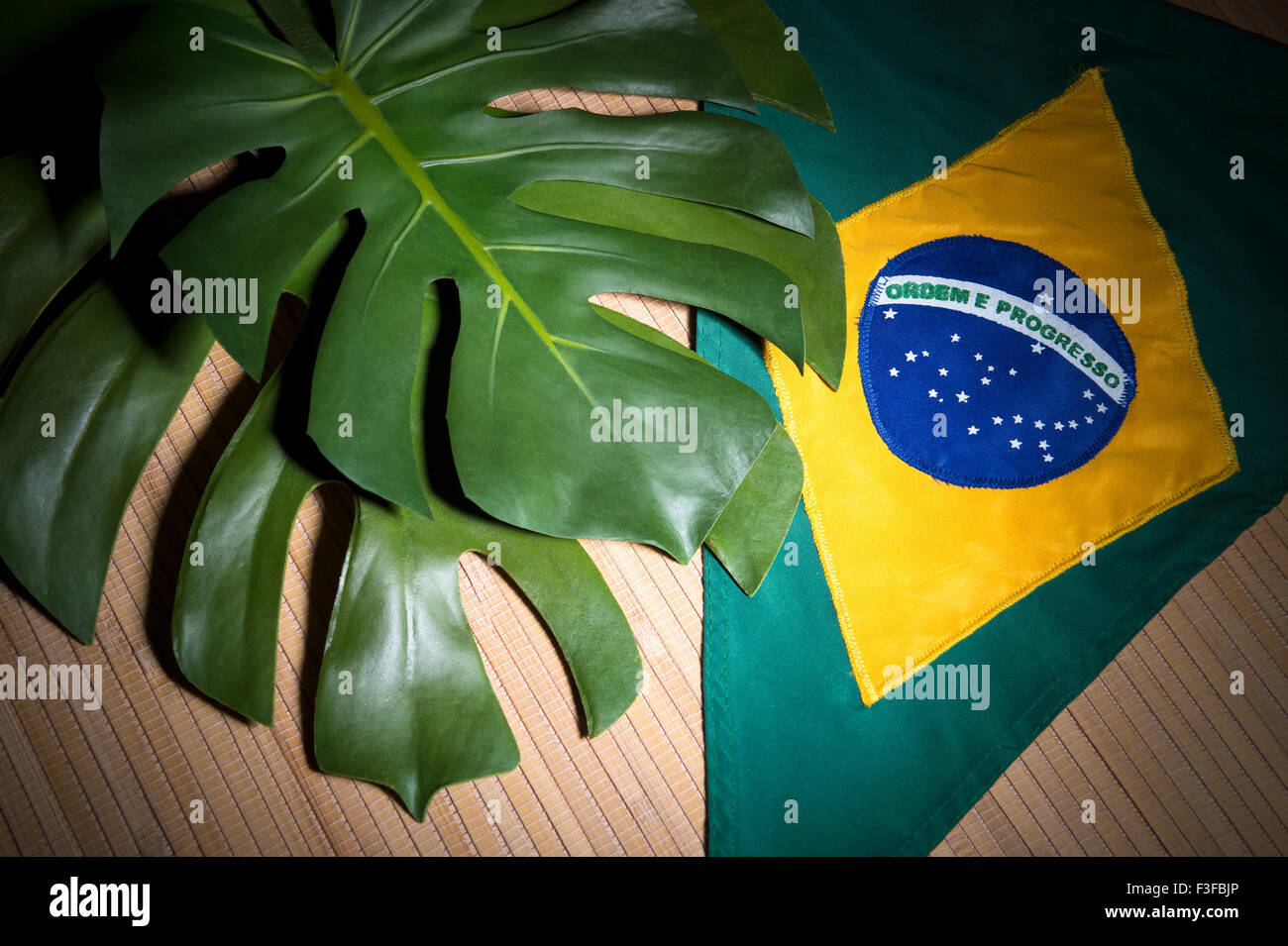 Brazil pennant flag tropical leaves on rustic natural fibre rattan ...
