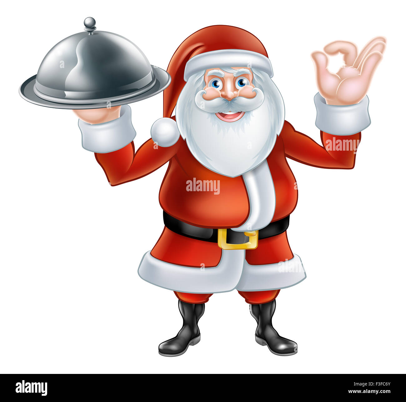 Happy cartoon Christmas Santa Claus holding a silver platter of food ...