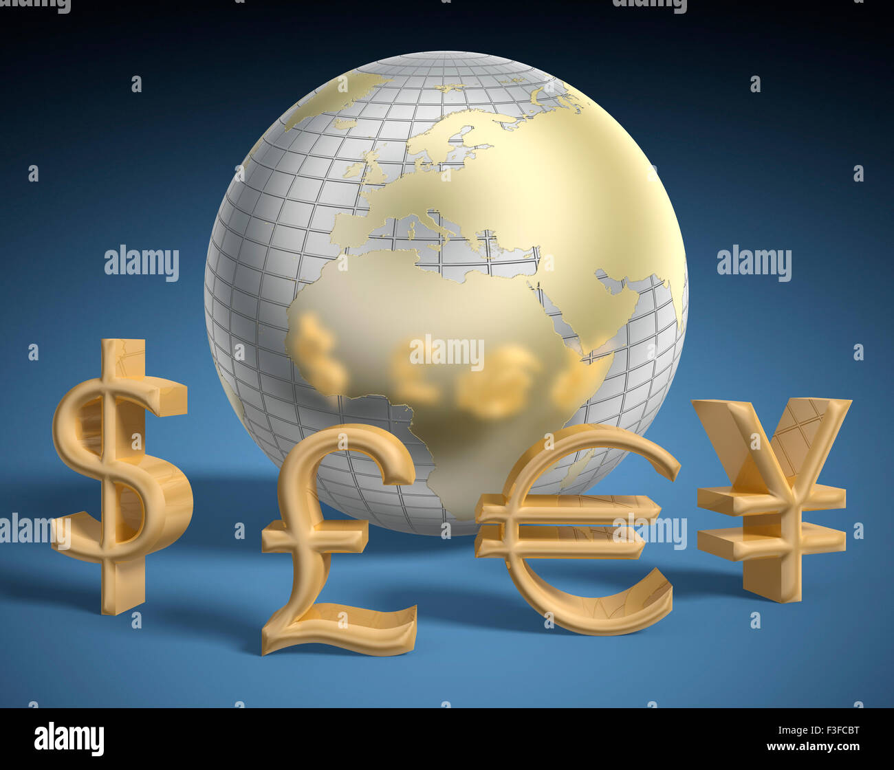 World globe, currencies, dollar, pound, euro and yen Stock Photo - Alamy