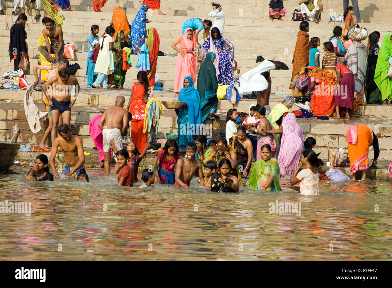People bathing in river Ganga ; Varanasi ; Uttar Pradesh ; India Stock ...