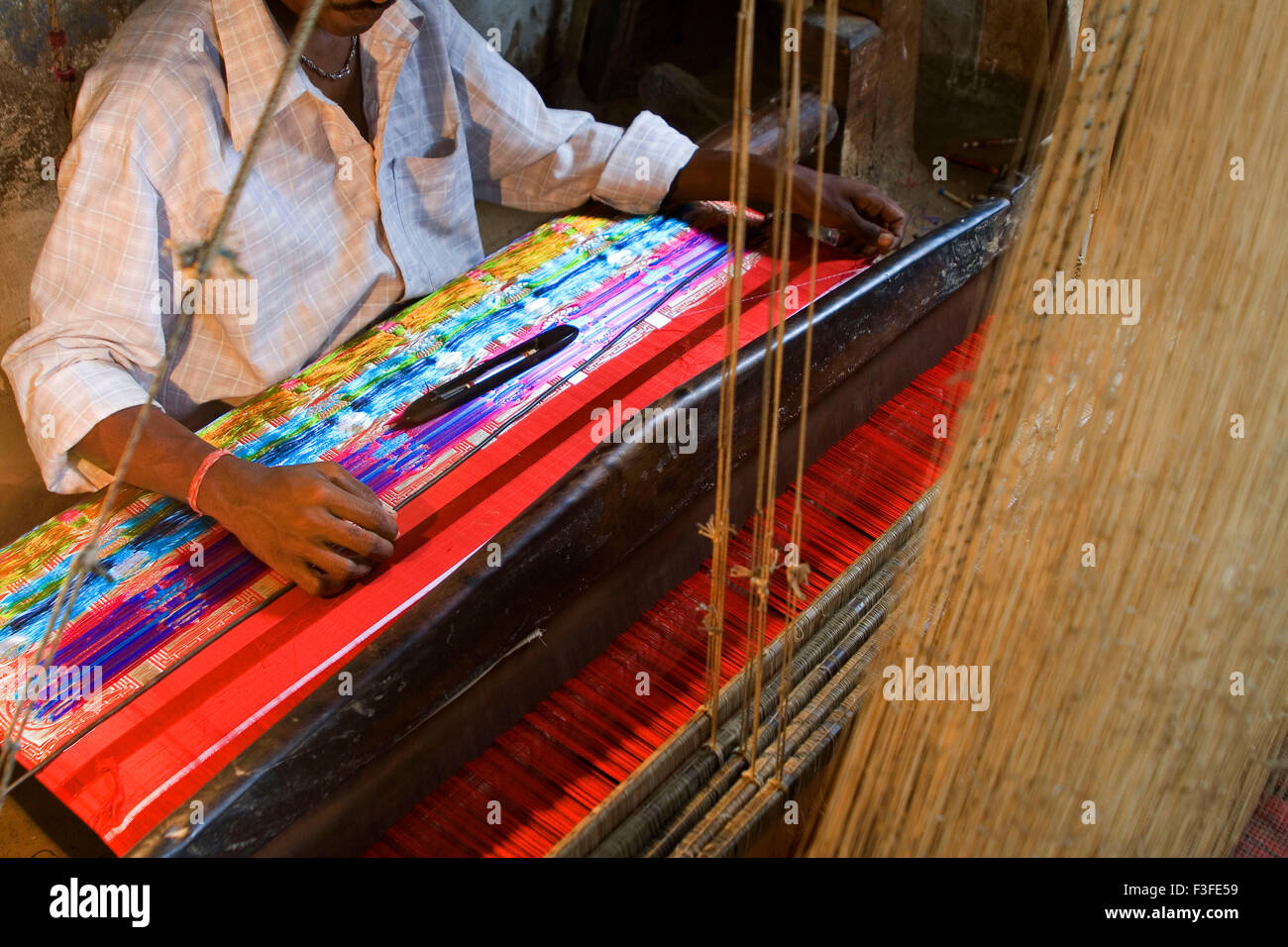 Weaver weaving Varanasi sari silk thread with handloom in Varanasi ...