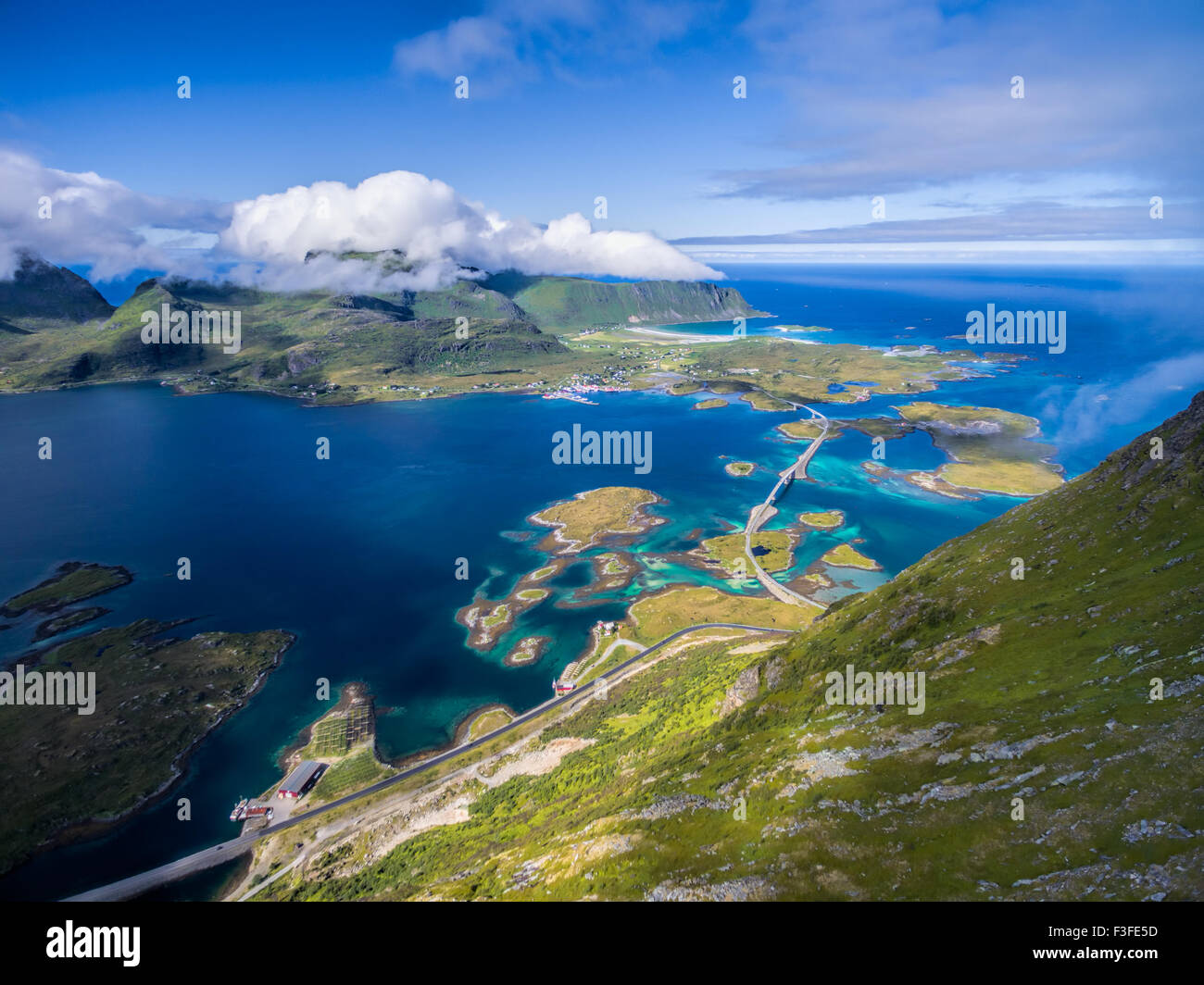 Scenic aerial view of road bridges connecting islands on Lofoten in ...