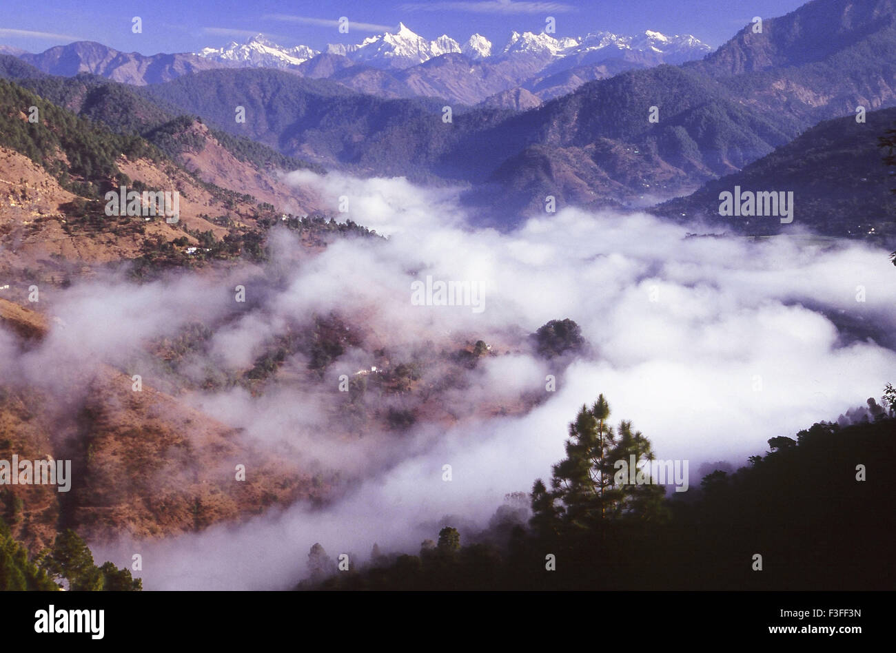 Clouds in valley ; Kullu valley ; Kulu ; Kullu ; Himachal Pradesh ...