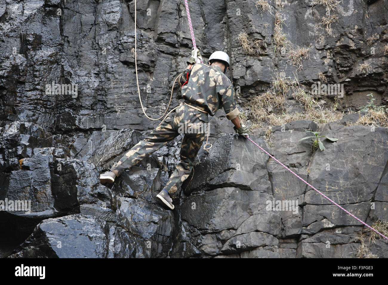 Commando obstacles training rock climbing at Amboli Ghat ; Amboli hill ...