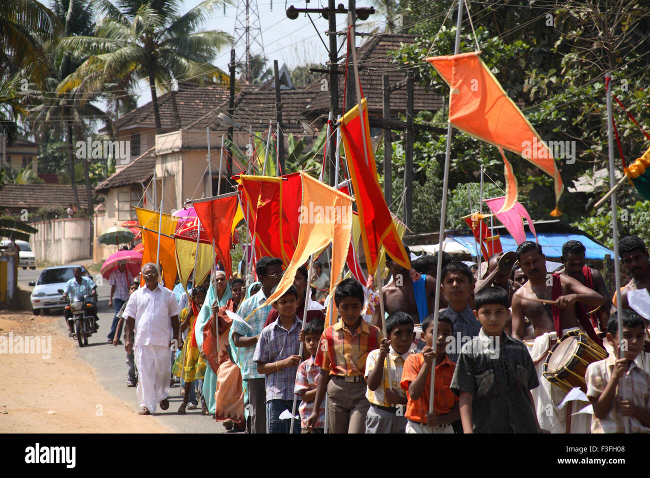 Syrian Christian procession people decorative colorful flags Marthoman ...