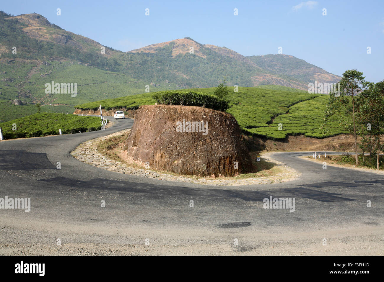 Hair pin bend circular bend road from Munnar to Periyar Tea plants ...