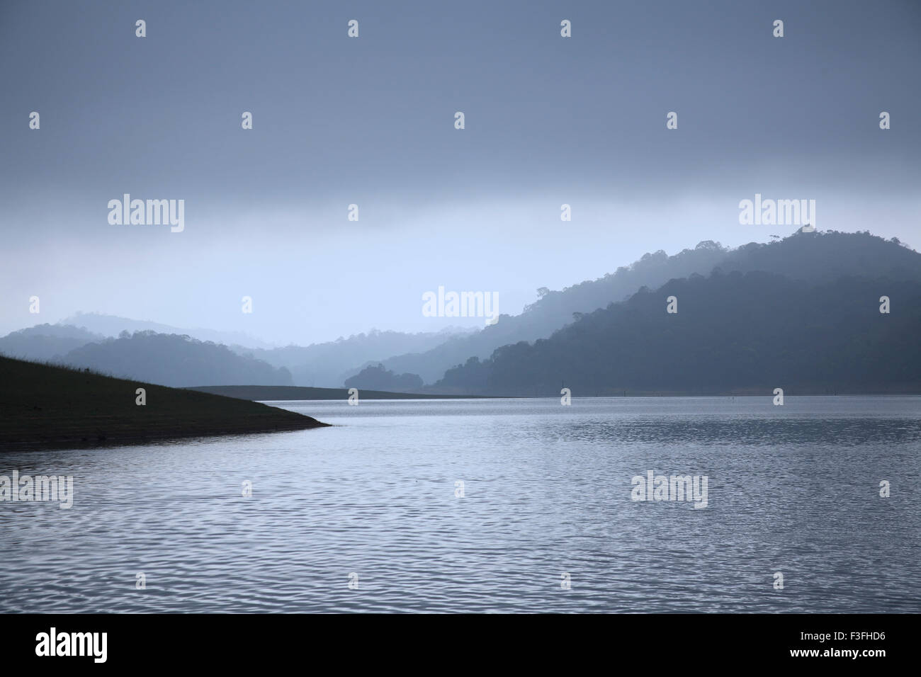 Landscape of Periyar lake ; Periyar wildlife sanctuary ; Thekkady ...