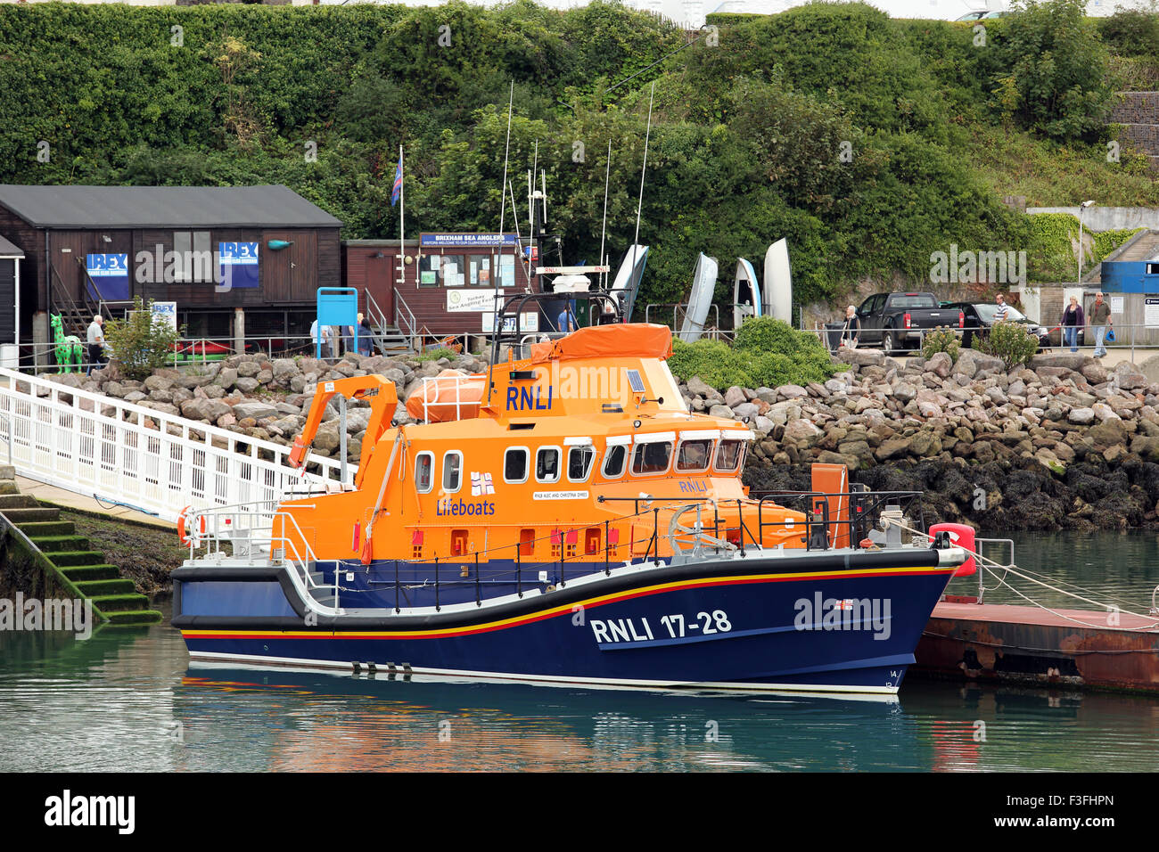 The Torbay Lifeboat, RNLI 17-28 at its mooring in Brixham marina, Devon ...