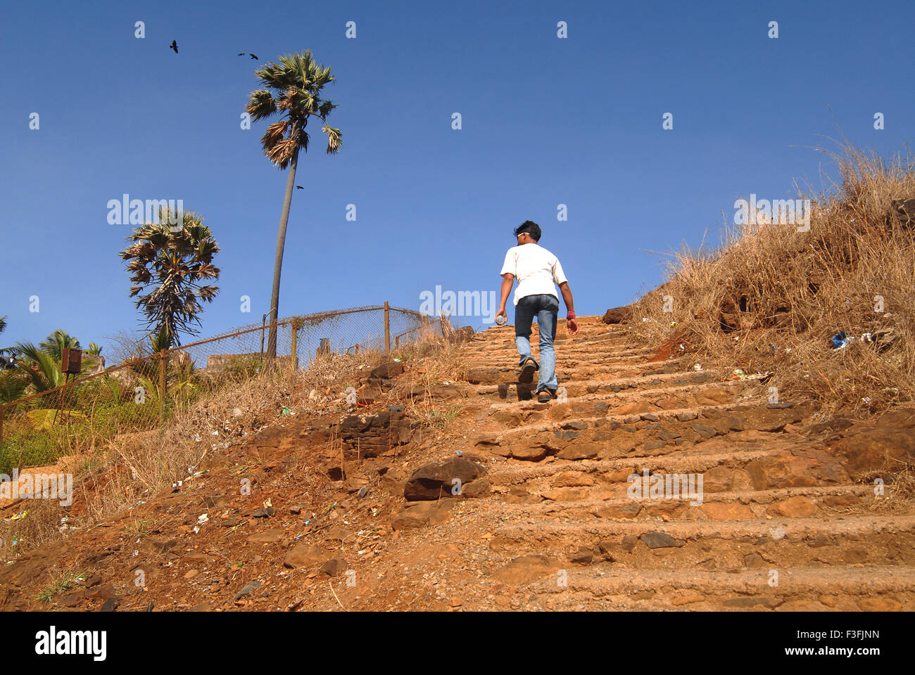 Young boy walk up on stairs of Bandra fort in Bombay Mumbai ...