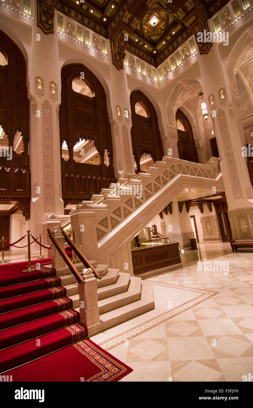 Lobby with high arches and an ornate wooden ceiling in the Royal Opera ...