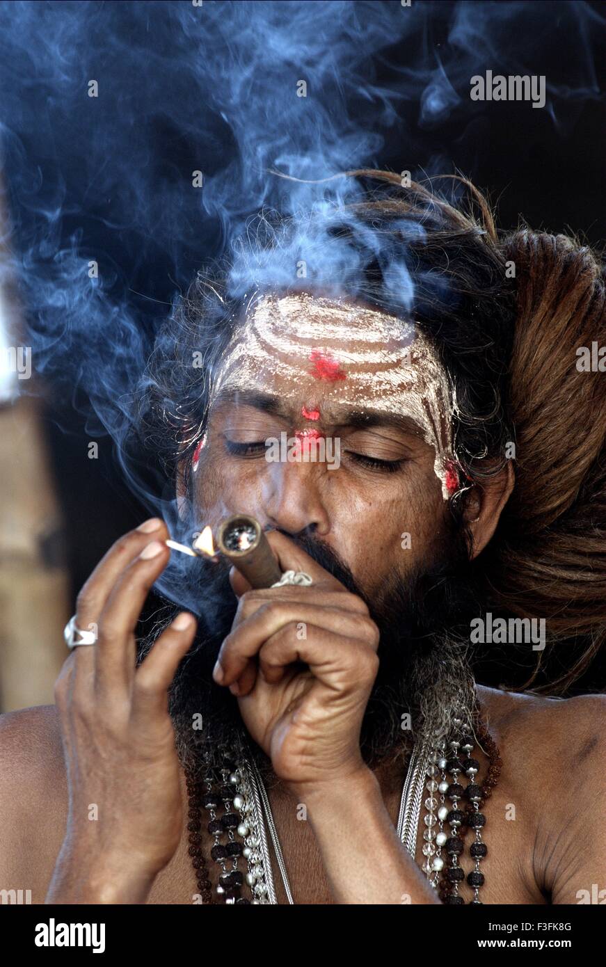 A sadhu from the Juna Akadha smoke opium at their camp during the Ardh ...