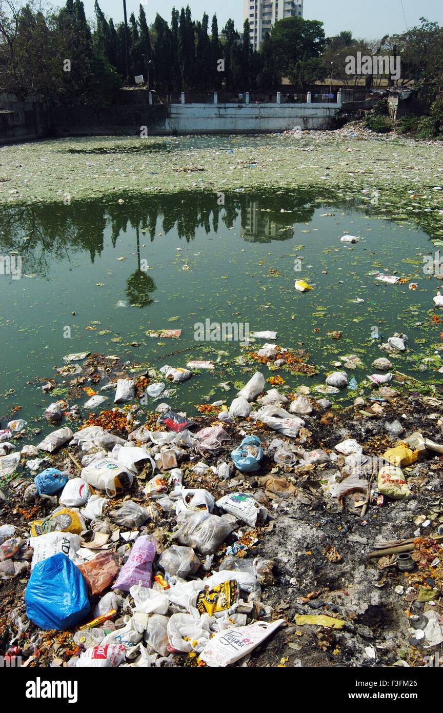Garbage thrown in pond ; Bombay ; Mumbai ; Maharashtra ; India ; Asia ...