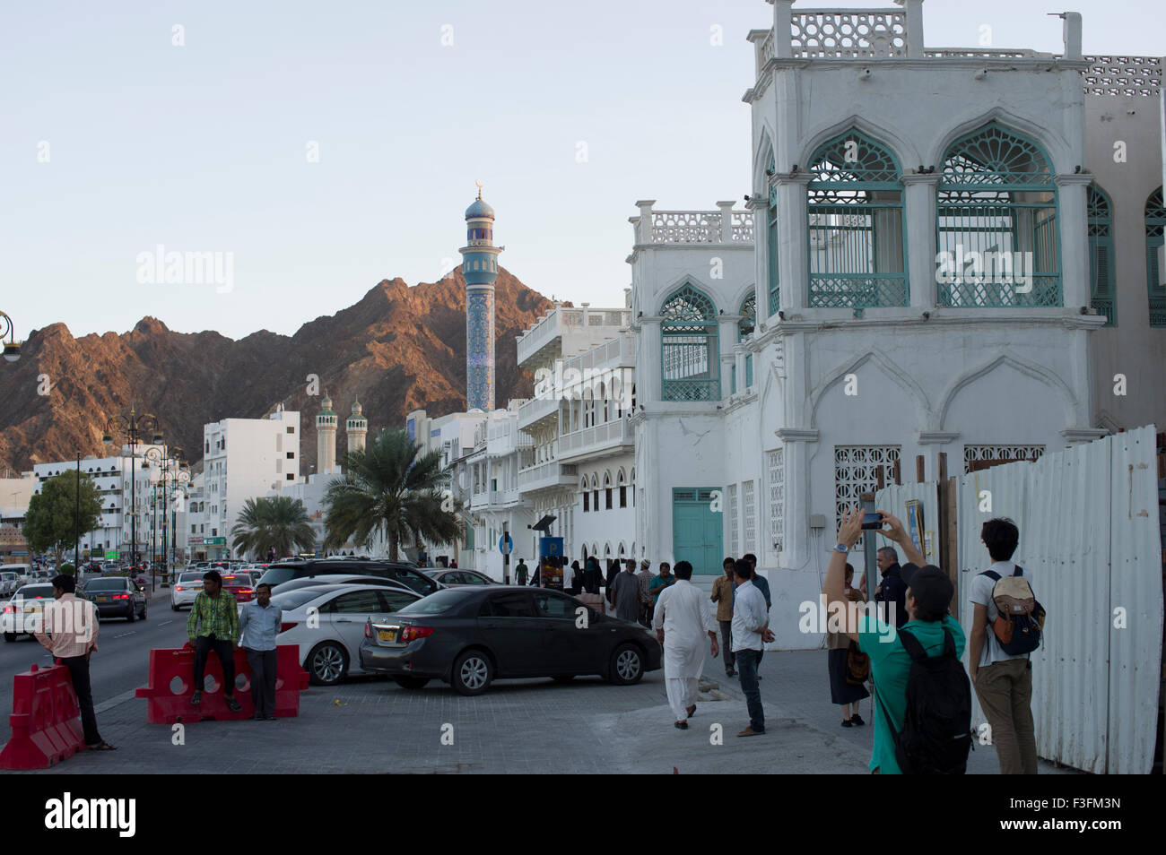 Ornate Omani buildings near the port in the Sultanate of Oman with the ...