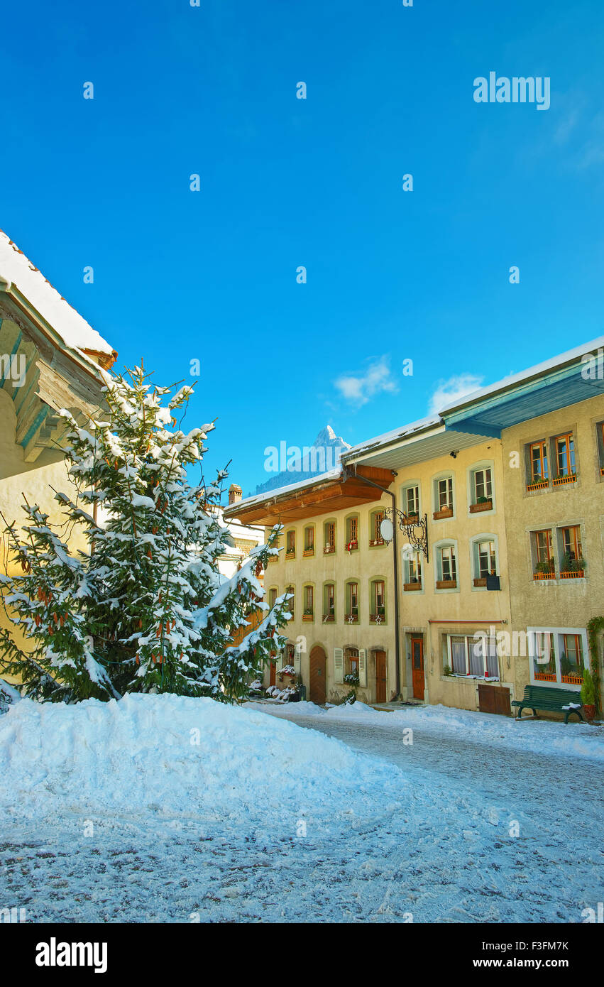 Winter in the medieval town of Gruyere in Switzerland, originated in ...