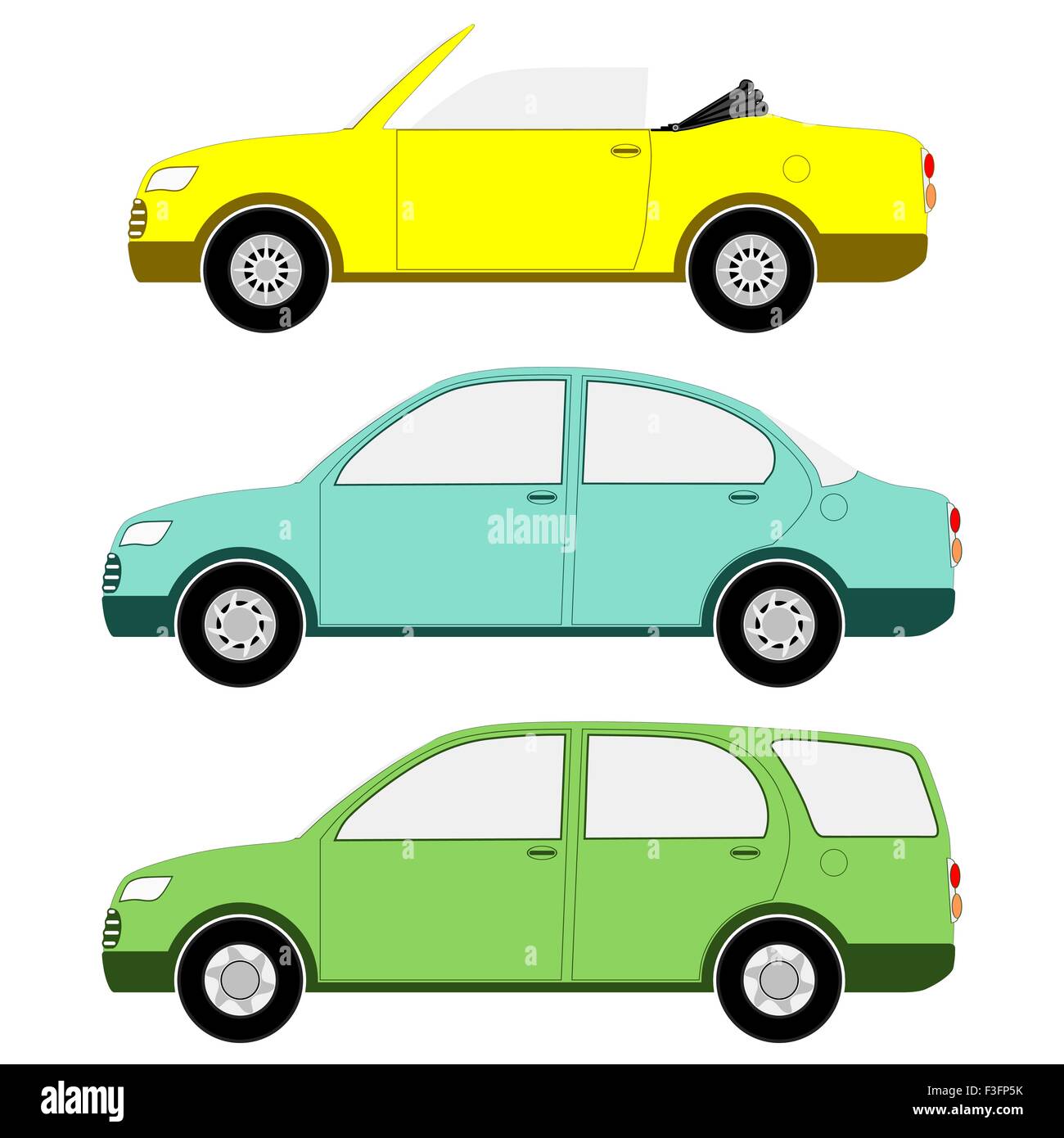 Set of traditional cars. Shown isolated on white is a sedan ...