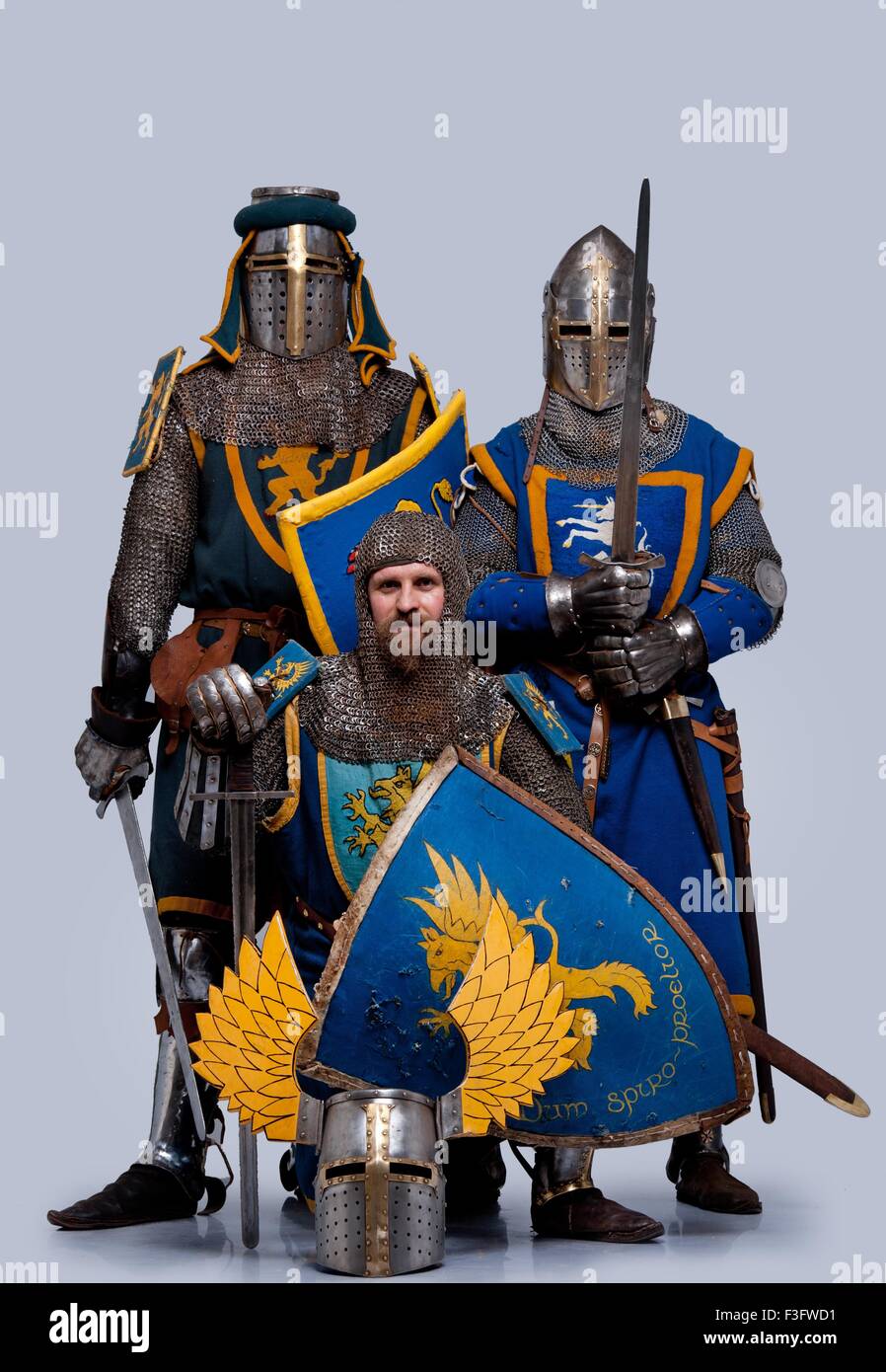 Three medieval knights isolated on grey background Stock Photo - Alamy