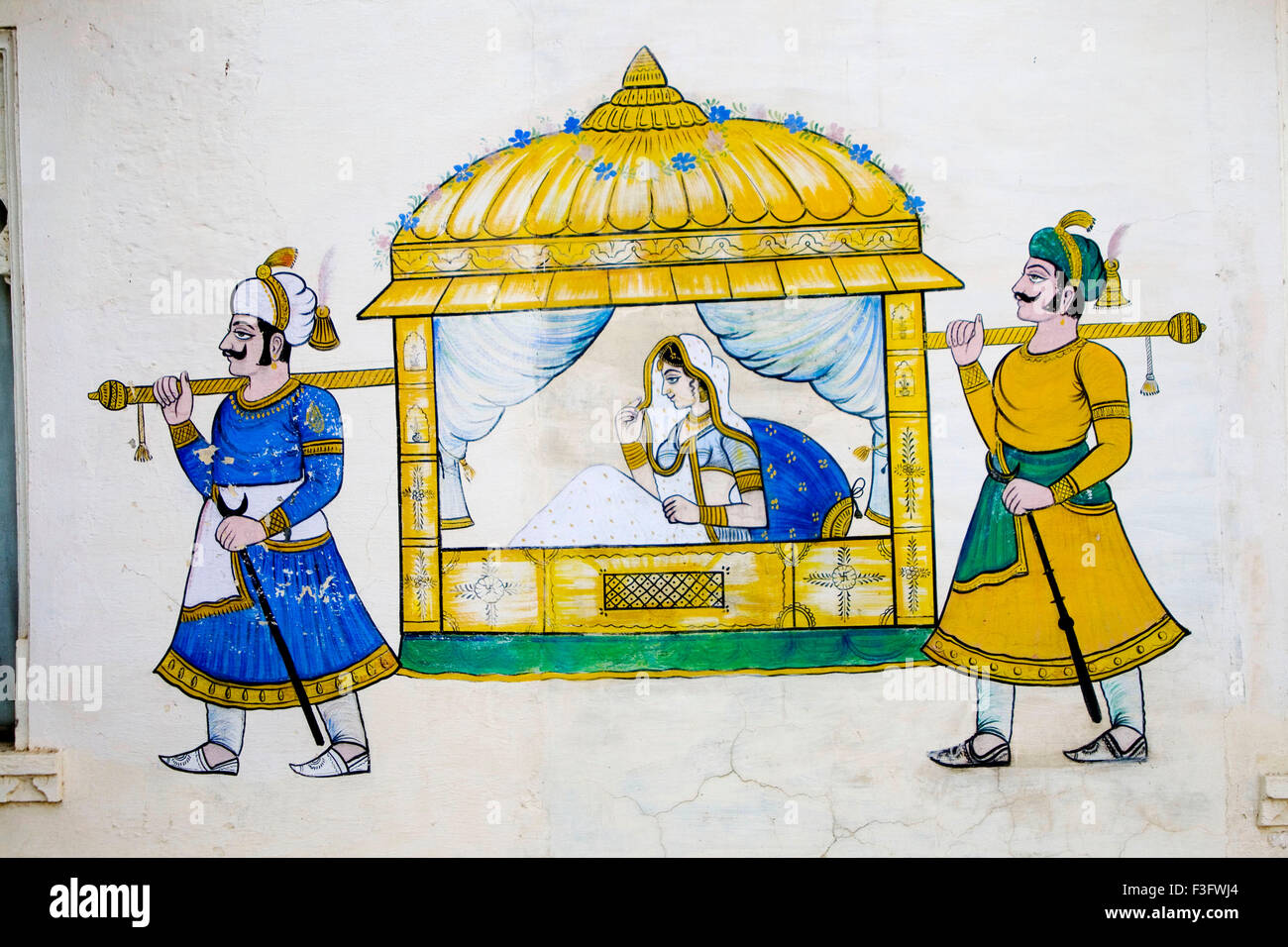 Mural painting of bride in palanquin on wall ; Udaipur ; Rajasthan ...