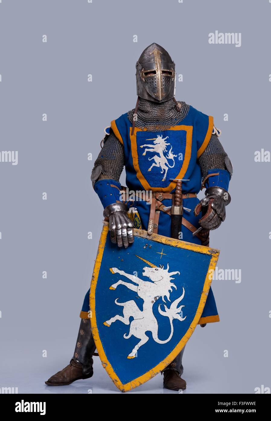Medieval knight on grey background Stock Photo - Alamy