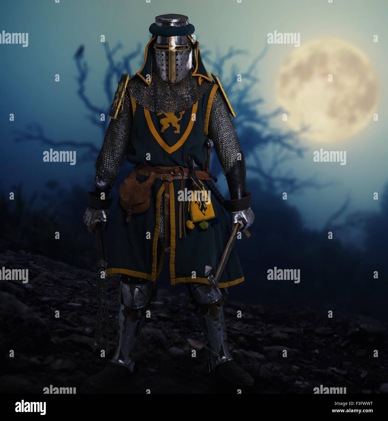 Knight against spooky landscape Stock Photo - Alamy