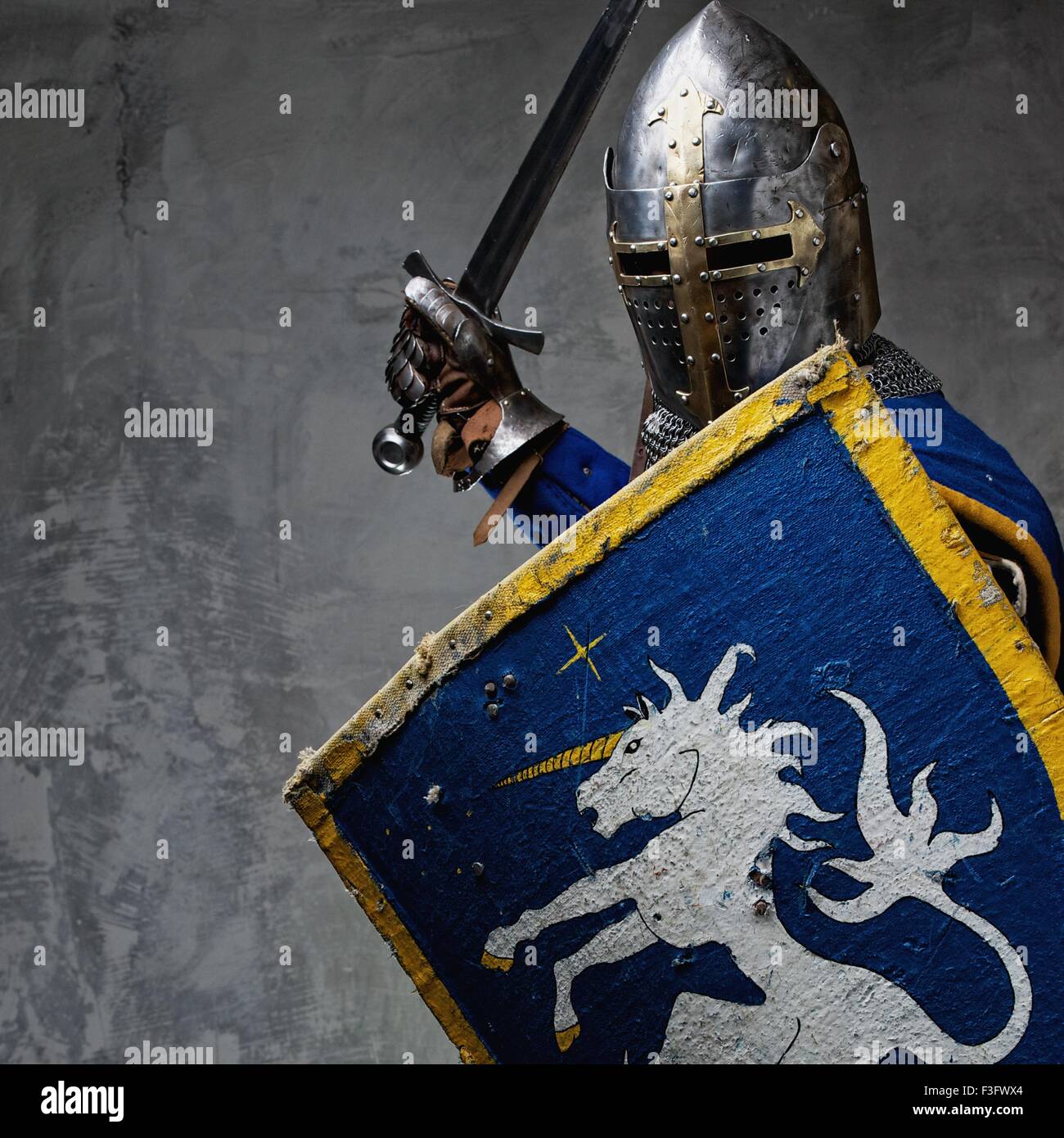 Medieval knight in attack position Stock Photo - Alamy