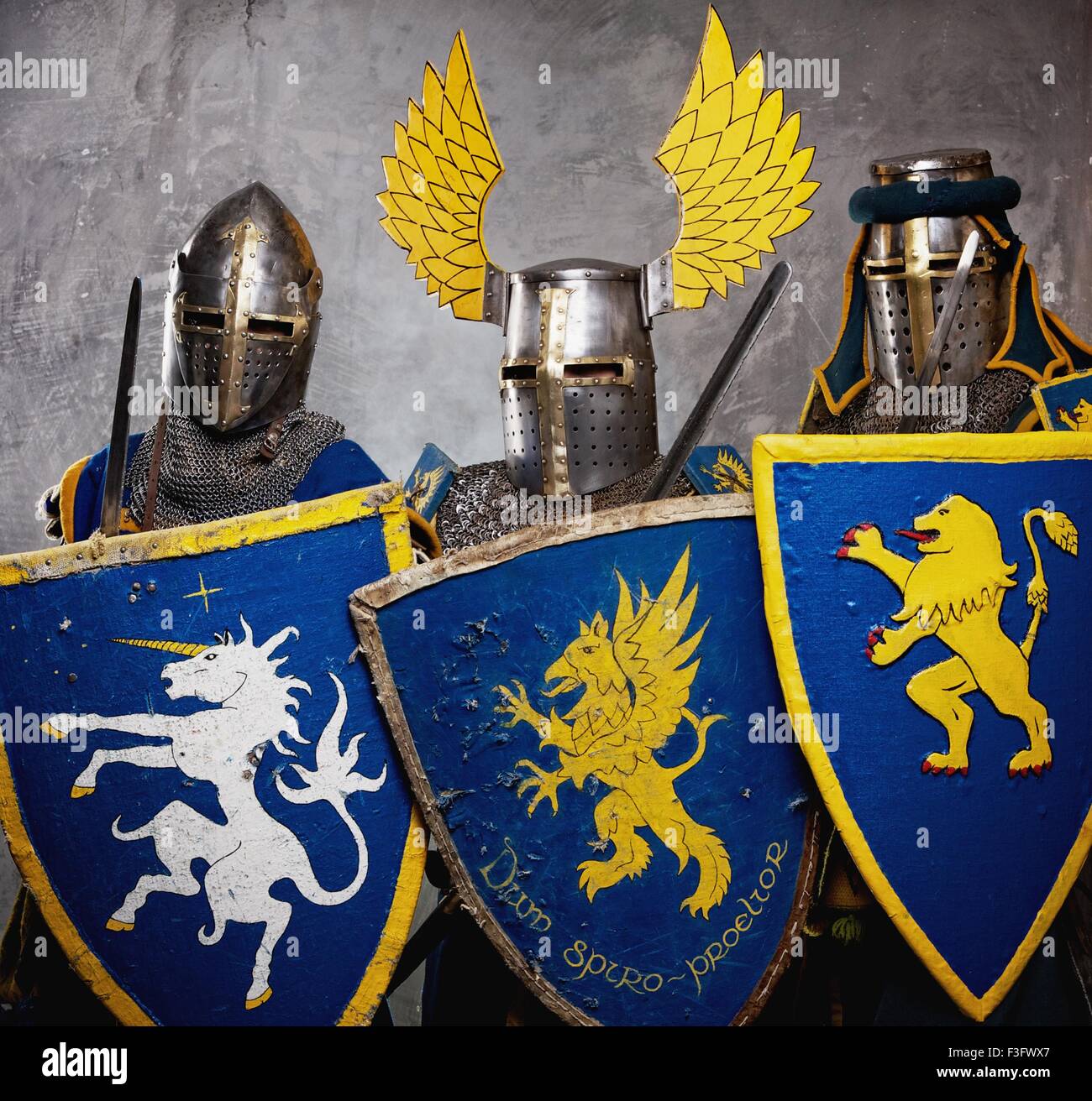 Three medieval knights on grey background Stock Photo - Alamy
