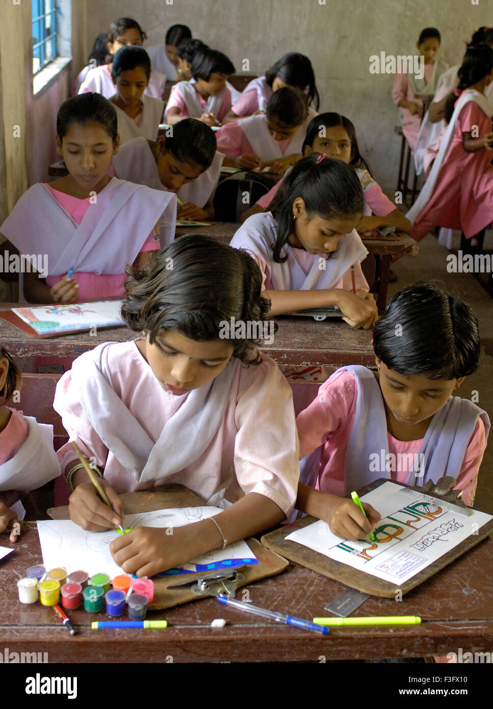 Girls in classroom of school at Ralegan Siddhi near Pune ; Maharashtra ...