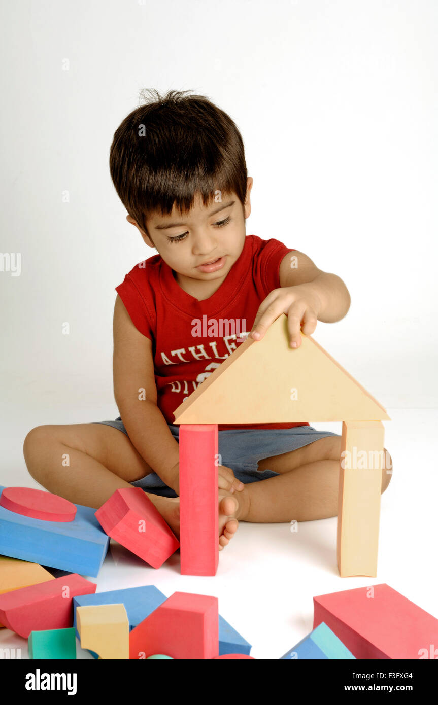 Indian Boy building dream house ; using Building Blocks ; MR Stock ...