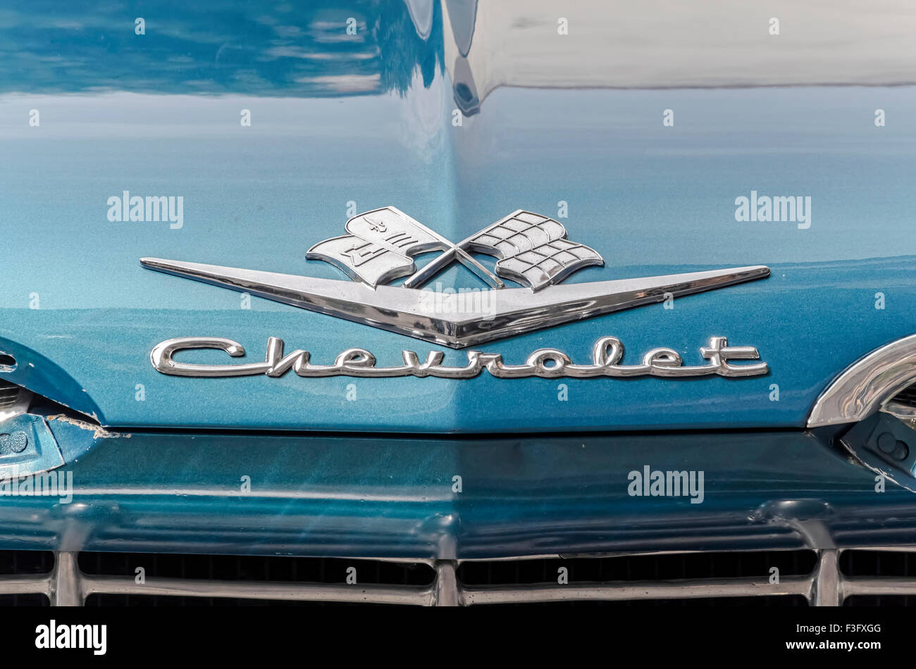 Meeting of classic american cars. Front view of blue car, Chevrolet ...
