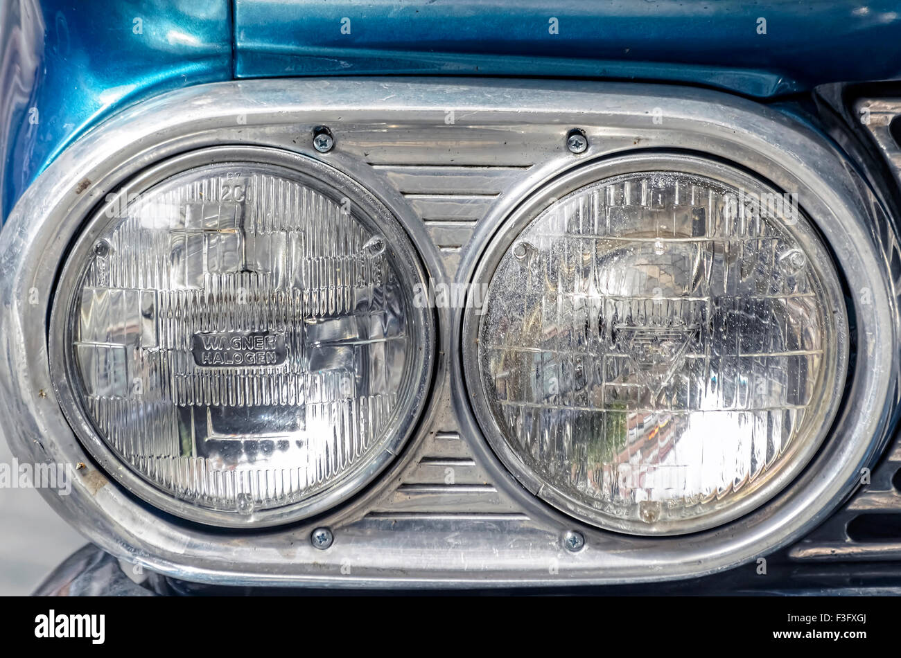 Meeting of classic american cars. Detail of double headlight. Chevrolet ...