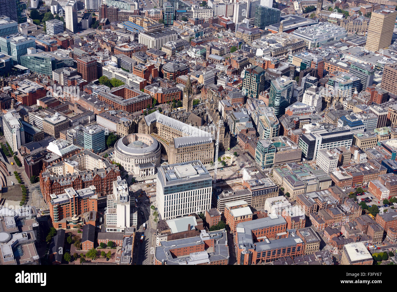An aerial view of Manchester City Centre, North West England, Town Hall ...