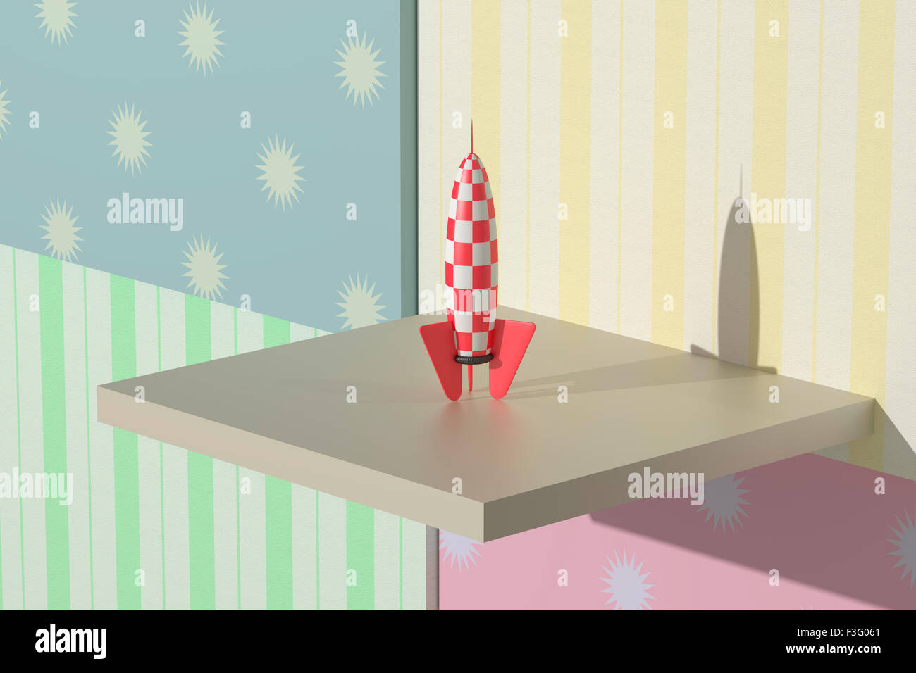 3d rendering of a red and white rocket and stars on a colored ...