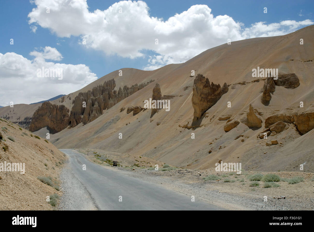 Way at rock formation ; Pang village ; Ladakh ; Jammu and Kashmir ...