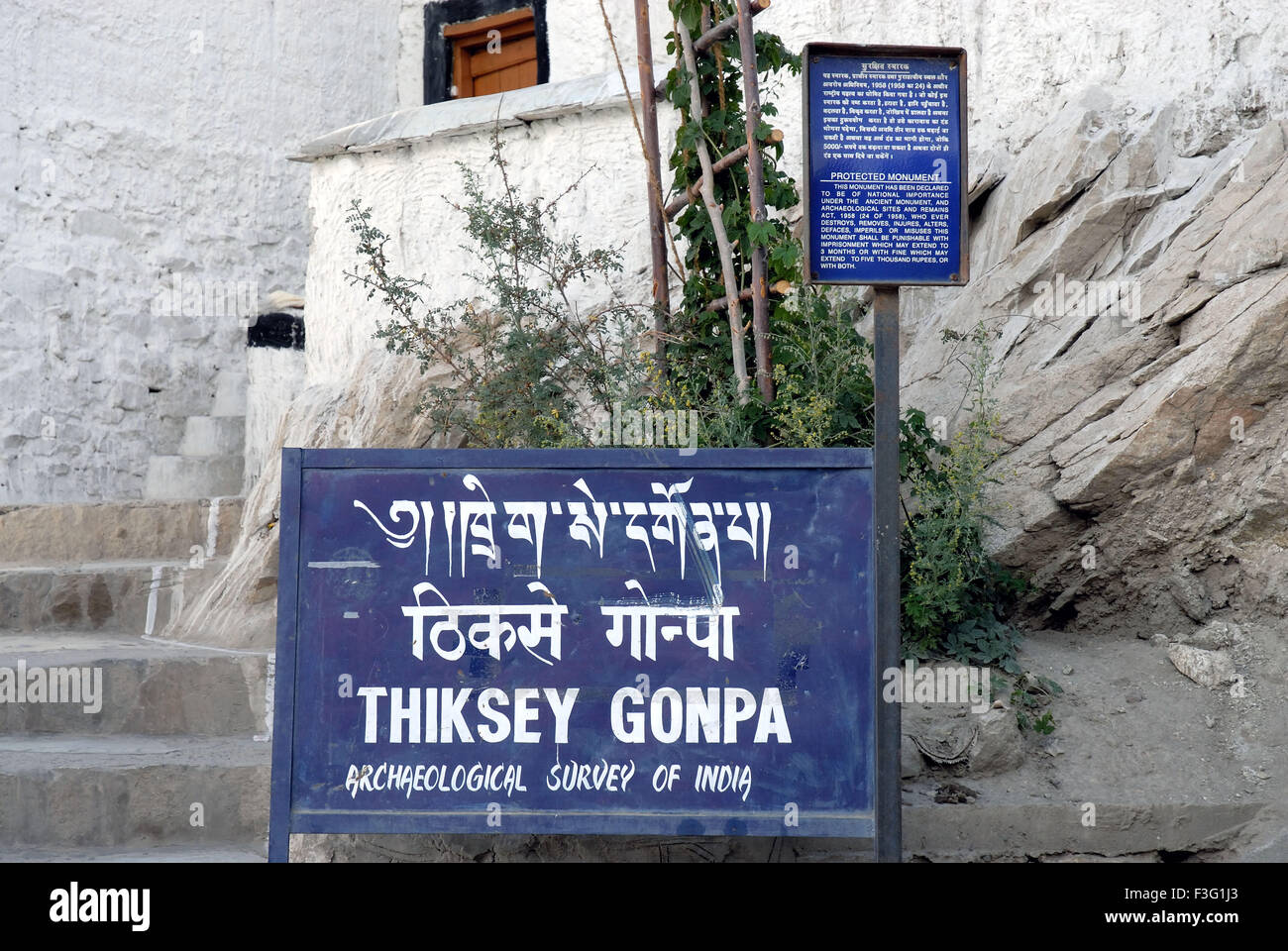 Sign board at Thikse gompa ; Leh ; Ladakh ; Jammu and Kashmir ; India ...